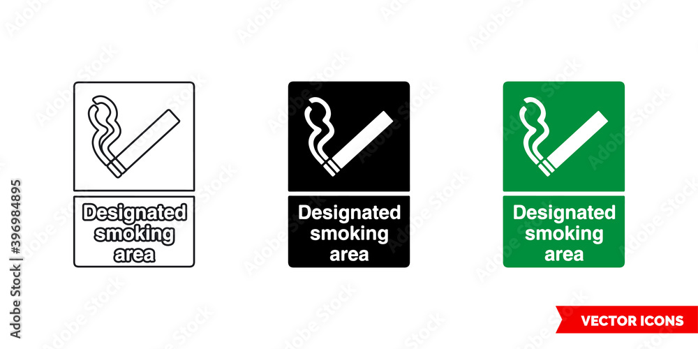 Designated smoking area sign icon of 3 types color, black and white ...
