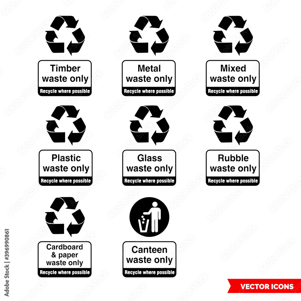 Waste and recycling signs icon set of black and white types. Isolated ...
