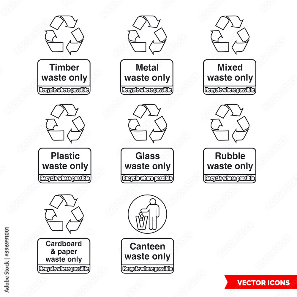 Waste and recycling signs icon set of outline types. Isolated vector ...
