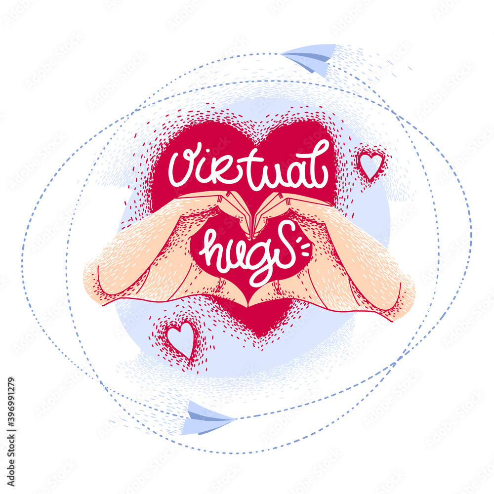 Virtual hugs icon, vector calligraphy with hands and heart. Hands make ...