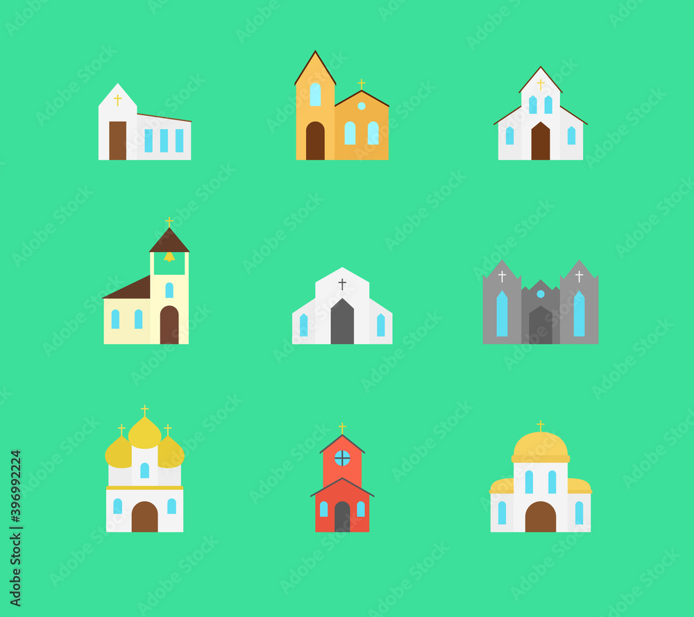 Vector set of icons of church buildings. Multicolored isolated icons in ...