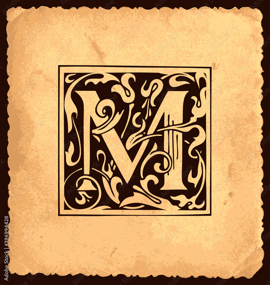 Black initial letter M with Baroque decorations pn the old paper ...