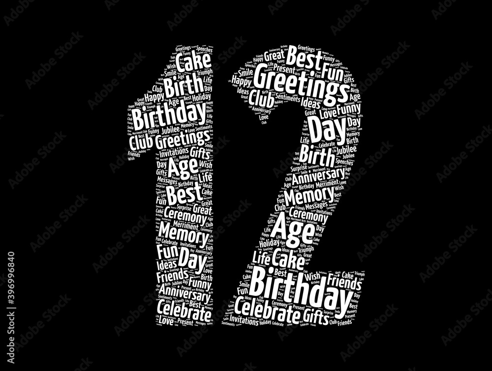 Happy 12th birthday word cloud, holiday concept background Stock Vector ...
