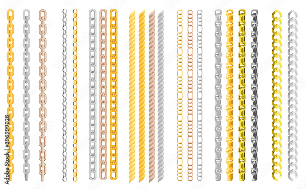Metal chains big set. Golden chainlet in line or metallic link of ...
