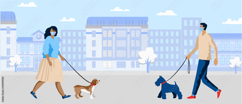 People walking with dogs outside wearing protective masks during ...
