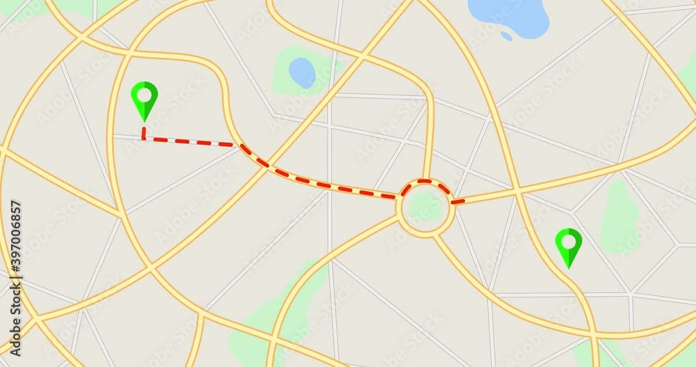 4K Looped animation. city map with green pin pointers showing distance ...