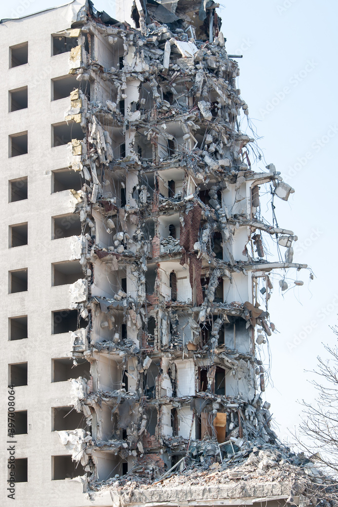 complete demolition destruction of a tall building completely ruined ...