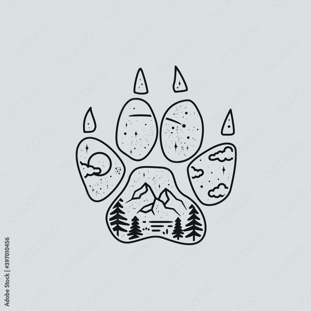 mono line art vector of wolf paw print. wolf paw print illustration ...