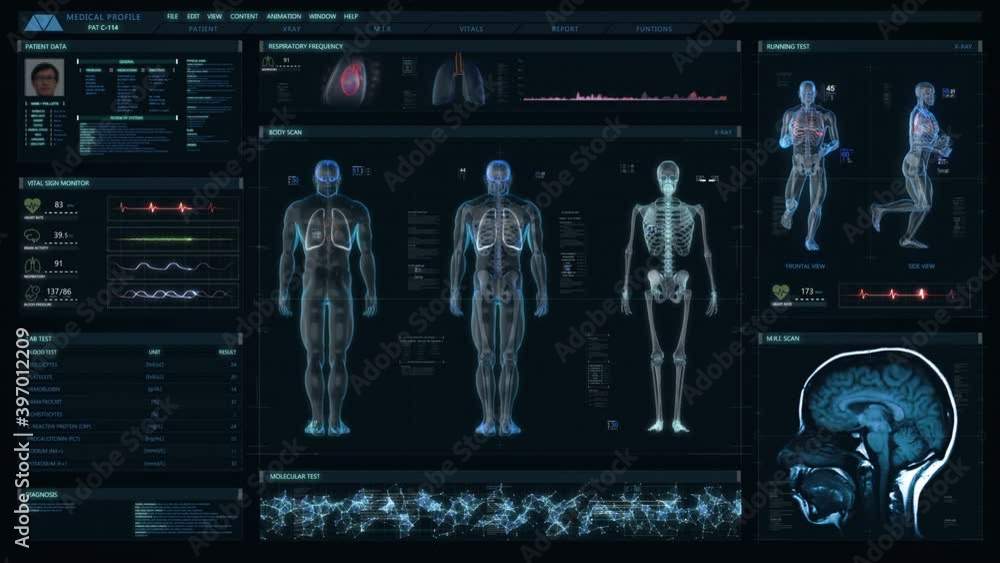 Futuristic technological interface analyzing human male anatomy ...
