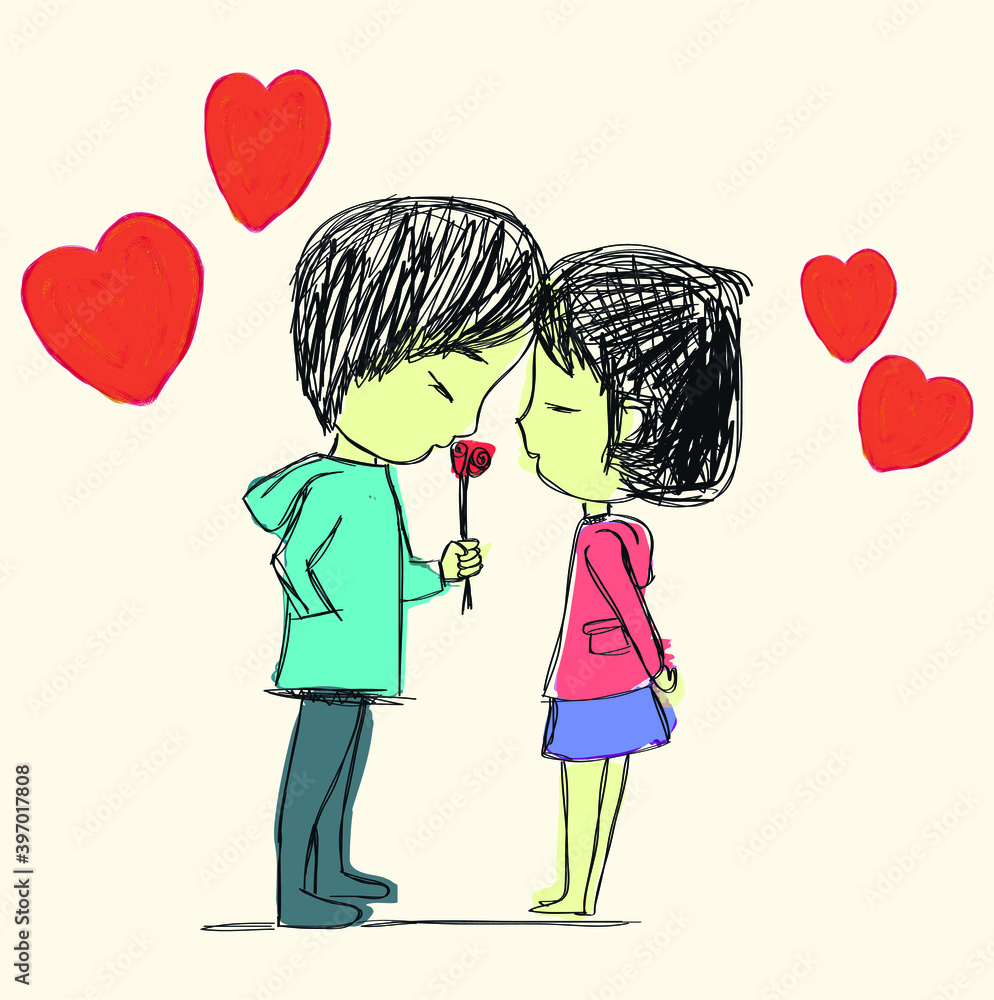 Vector illustration of a couple in love and red hearts. Hand drawing of ...
