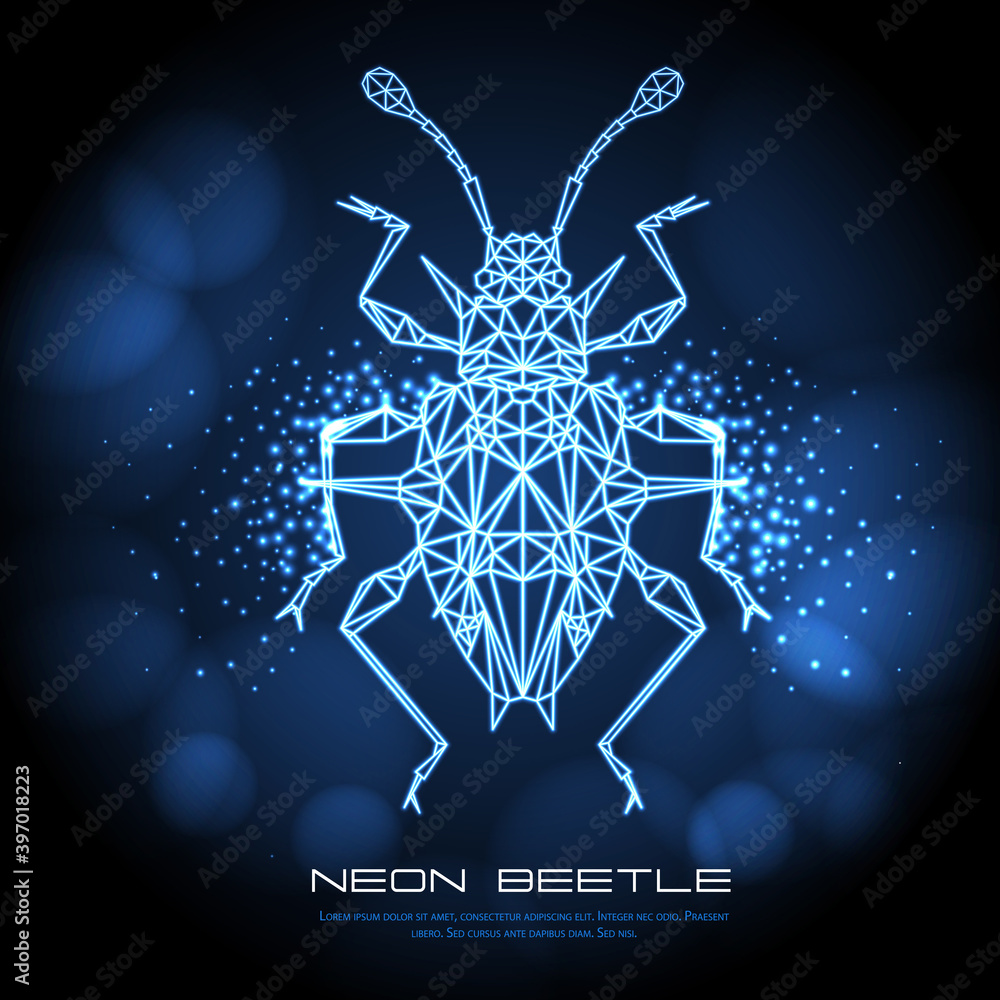 Abstract neon polygonal triangle Endomychidae beetle. Bug neon sign ...