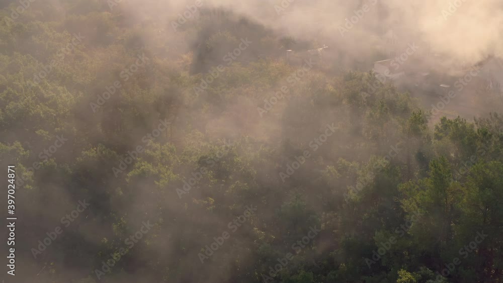 Epic aerial view of smoking wild fire. Large smoke clouds and fire ...