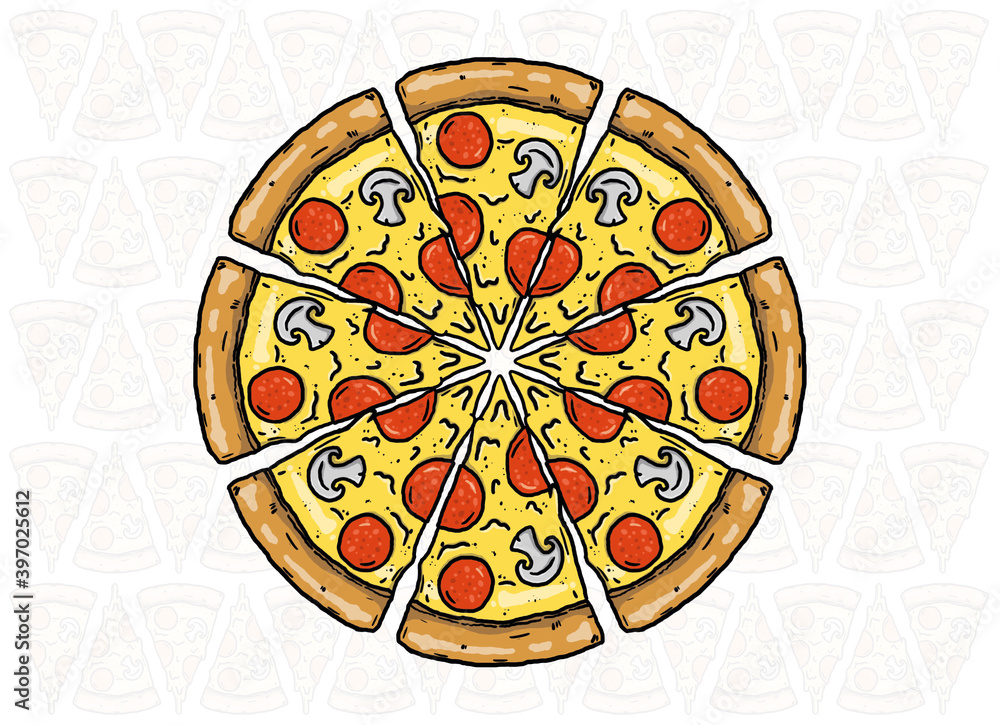 round cartoon sliced pizza illustration on white background. hand ...