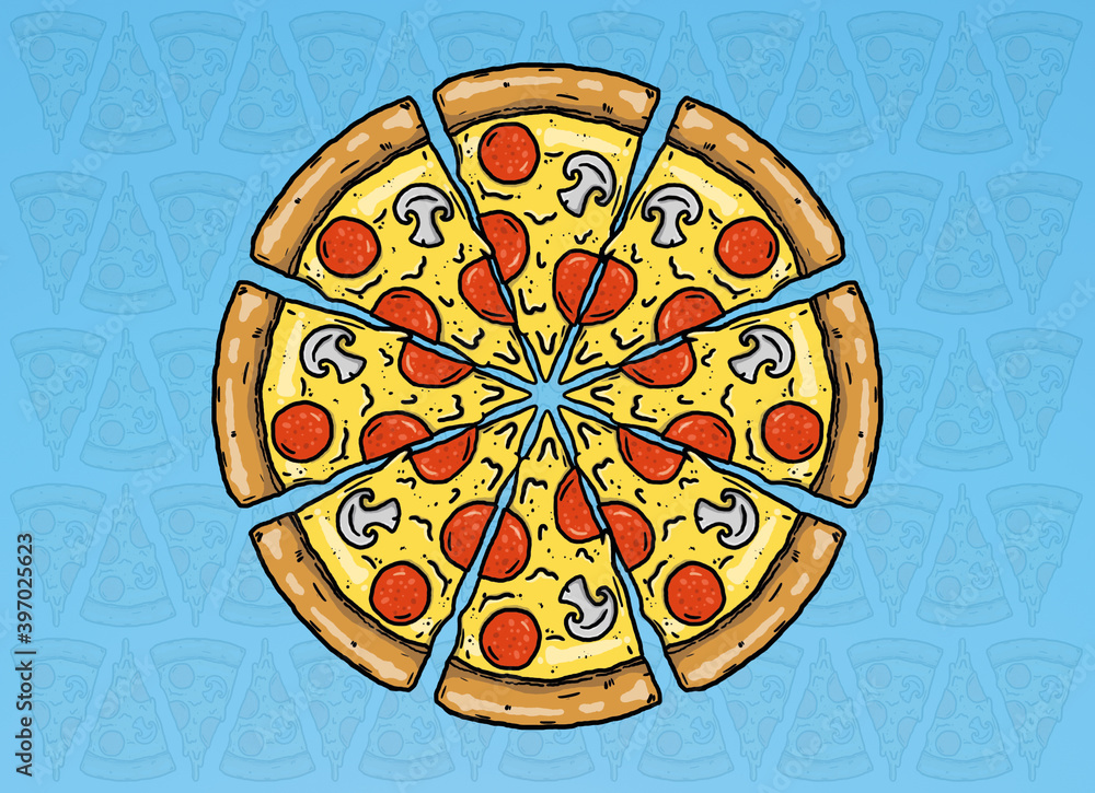 sliced pizza illustration cartoon style on blue gradient textured ...