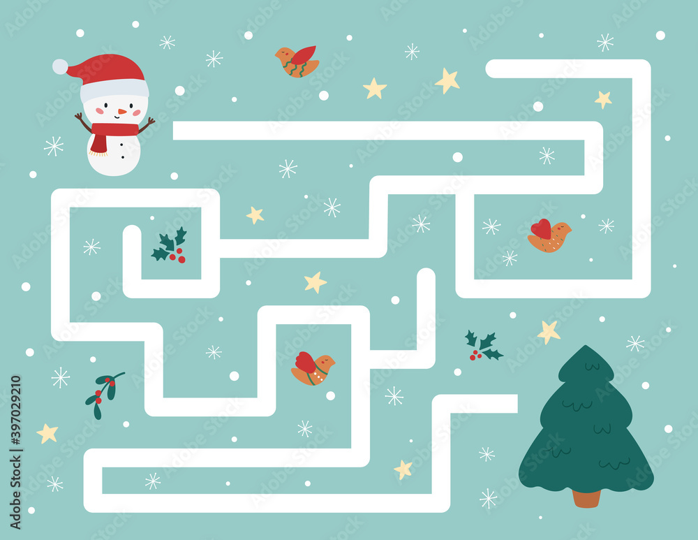 Help snowman find right way to Christmas tree. Educational maze game ...