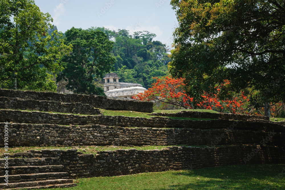 Maya temple ruins with palace and observation tower, Palanque, Chiapas ...