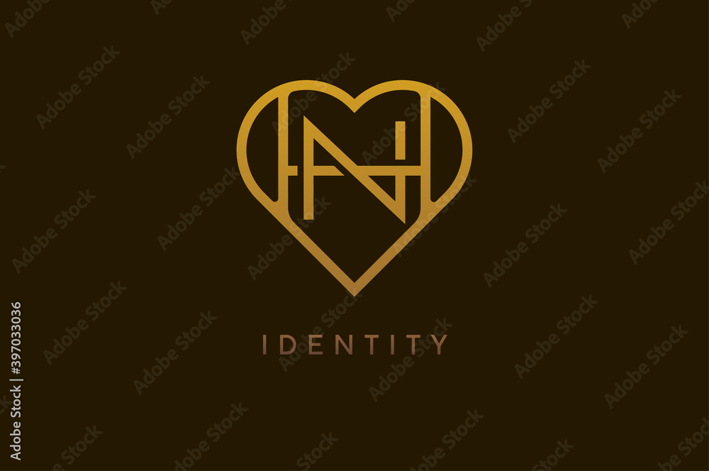 Abstract initials H and N logo, gold colour line style heart and letter ...