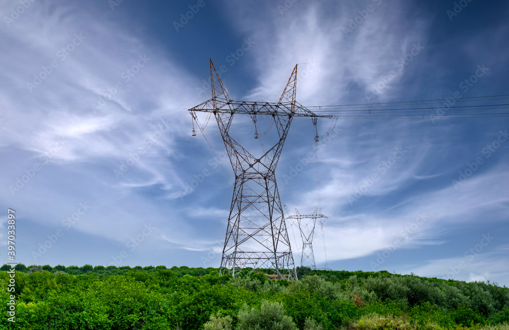 High voltage electricity pylons and transmission power lines on the ...