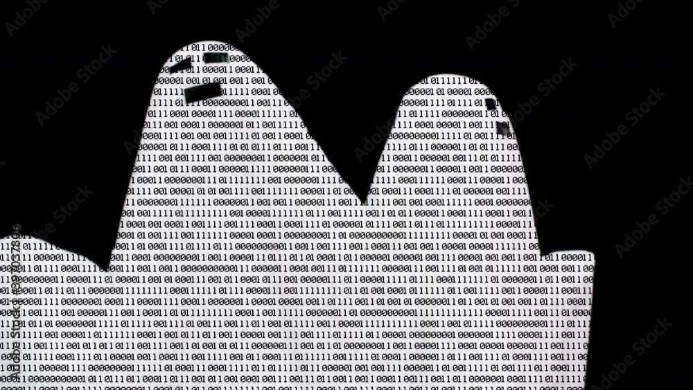 Cast couple in digital binary code silhouette on black background ...