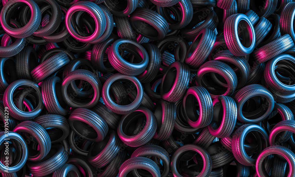 3d background render of a group of car tires, purple and blue lights ...