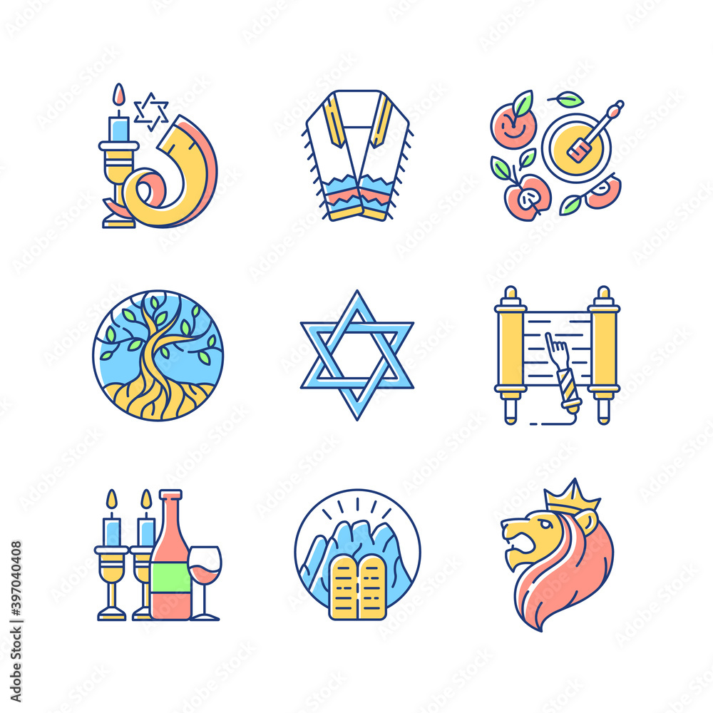 Judaism symbols RGB color icons set. Shofar, shophar. Jewish prayer ...