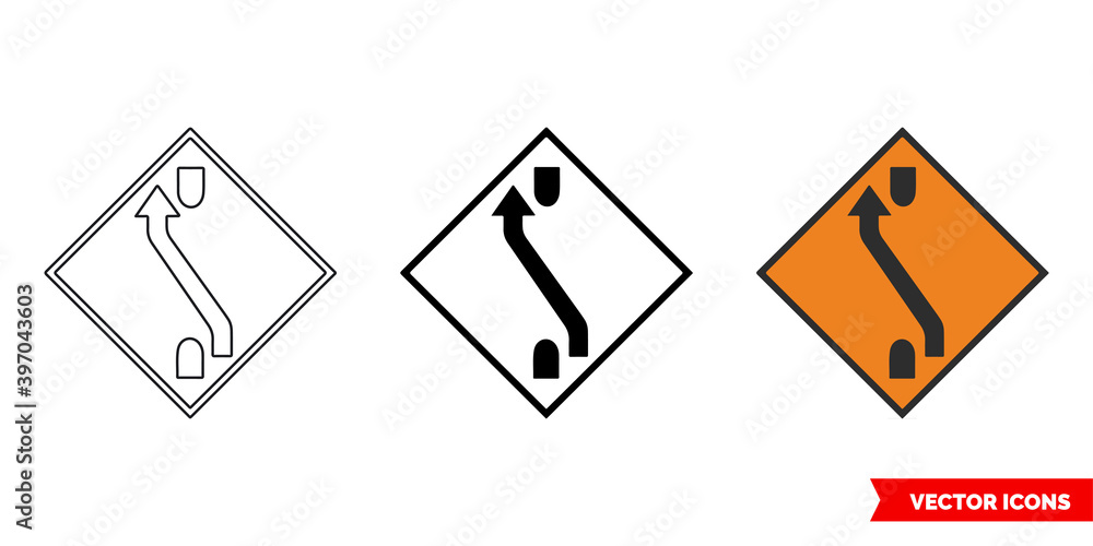 One lane crossover Back roadworks sign icon of 3 types color, black and ...