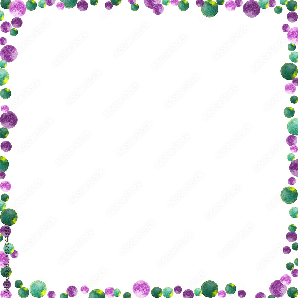 Quadratic frame of violet and green confetti with thin lines. Christmas ...
