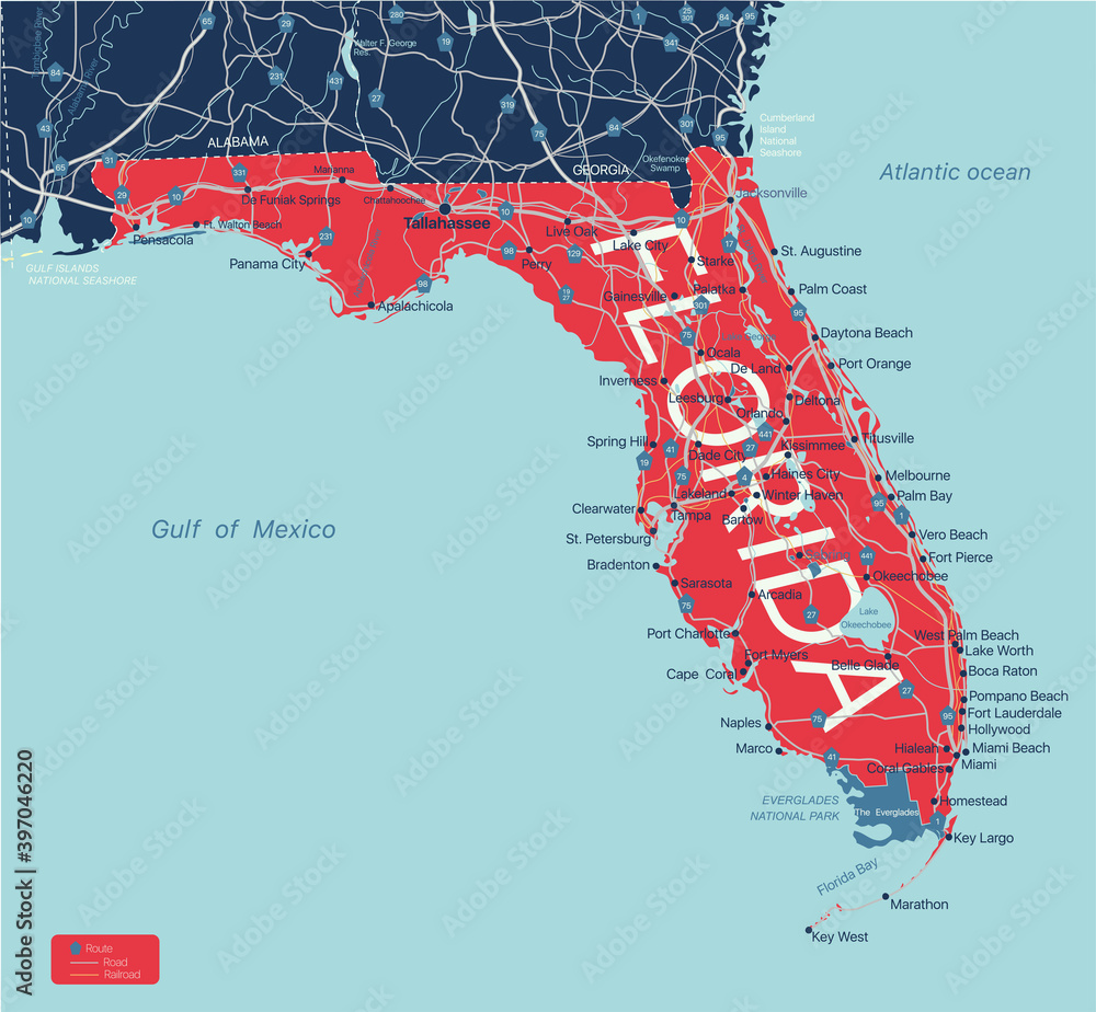 Florida state detailed editable map with with cities and towns ...