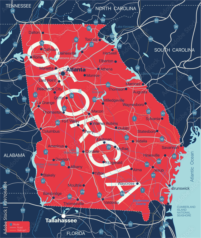 Georgia state detailed editable map with with cities and towns ...