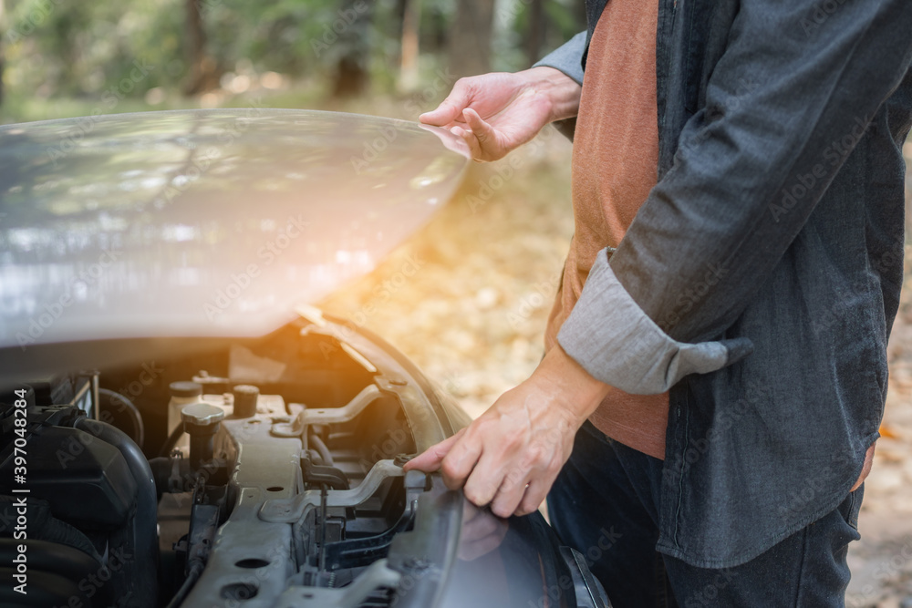 Close up hand man open car hood for repair as maintenance service. Man ...