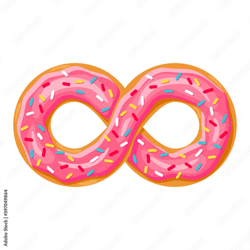 infinity cartoon donut with pink glaze on white background. Mobius ...