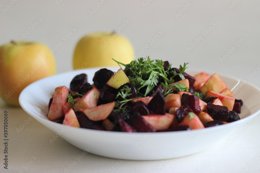 Beetroot apple salad made with beetroot cubes sautéed or air fried with ...