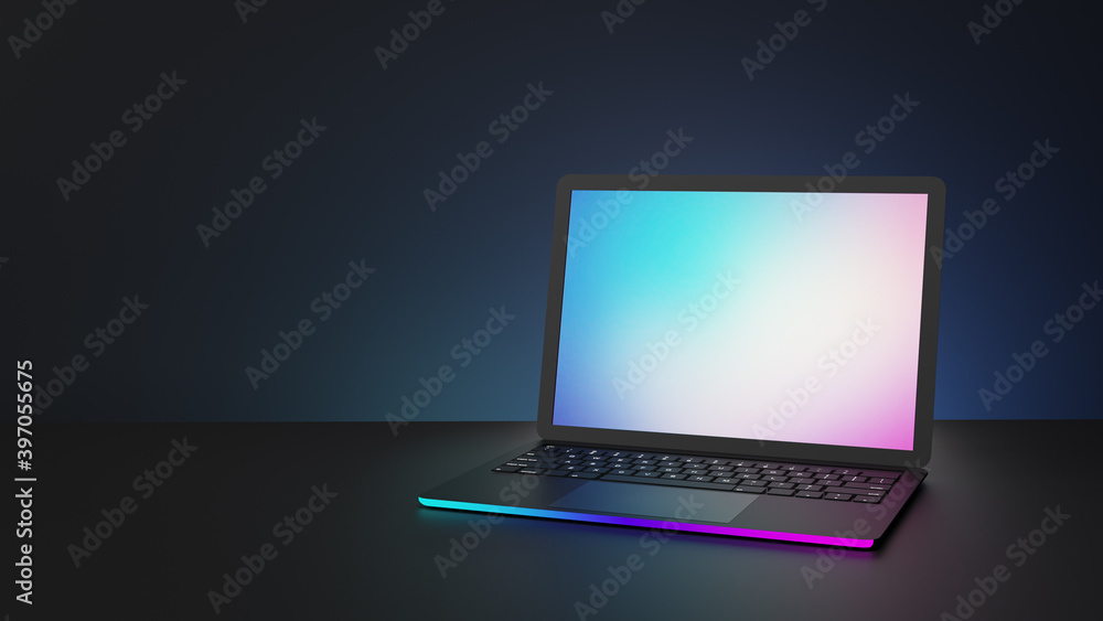 Laptop computer with blue pink lighting and blank screen place on dark ...