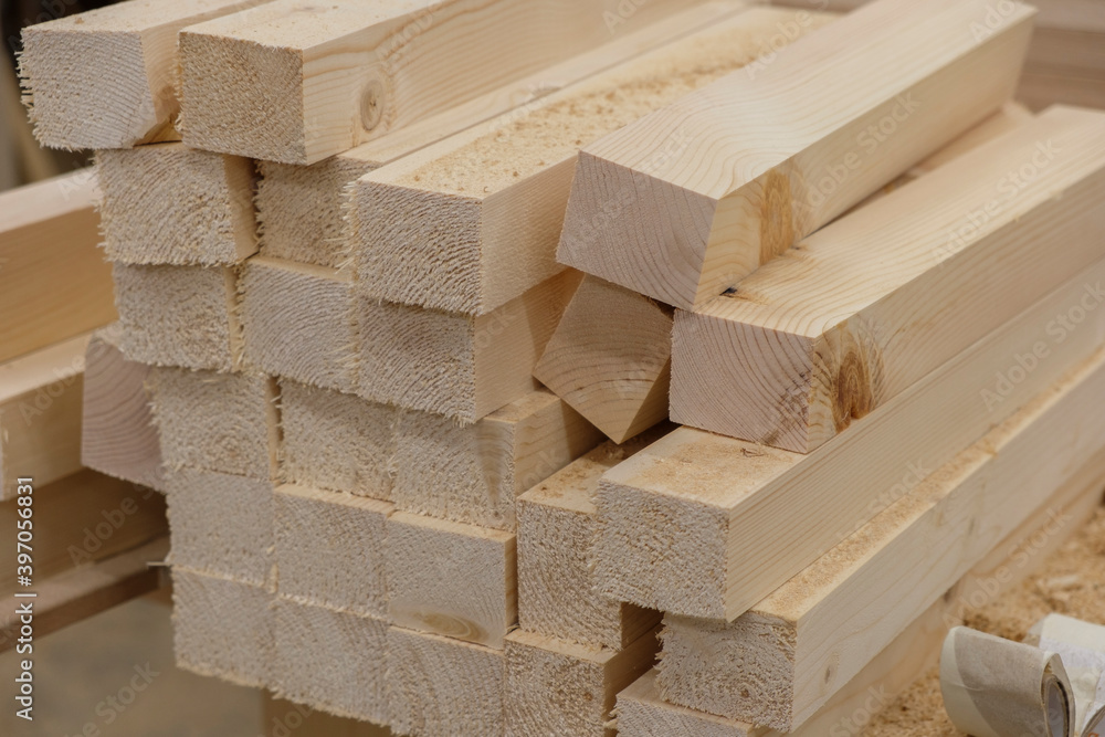 Oak wooden bar blocks materials stacked at carpentry woodwork workshop ...