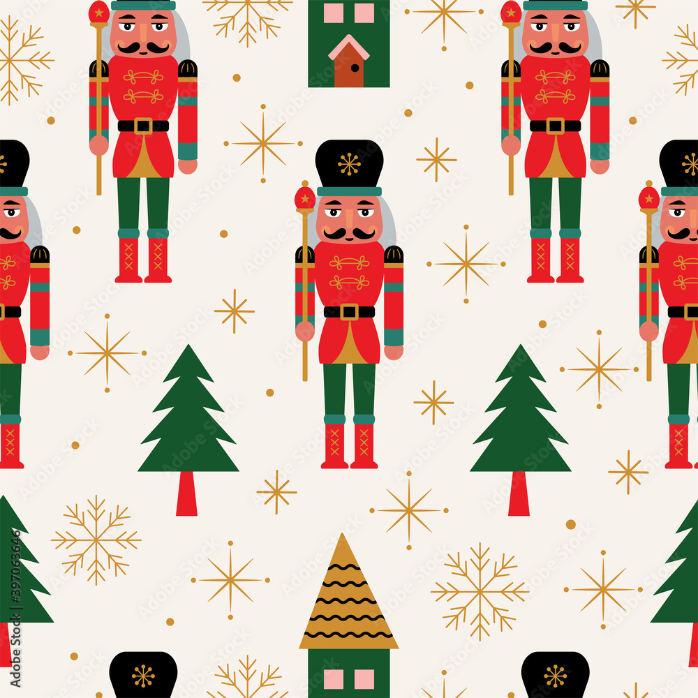 Seamless Christmas Pattern with Nutcracker and Christmas Tree in Vector ...