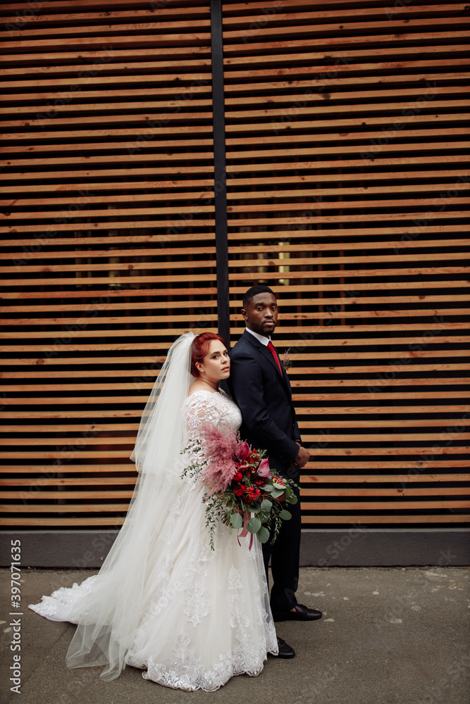 Adorable couple on wedding day, beautiful bride cuddle with charming ...