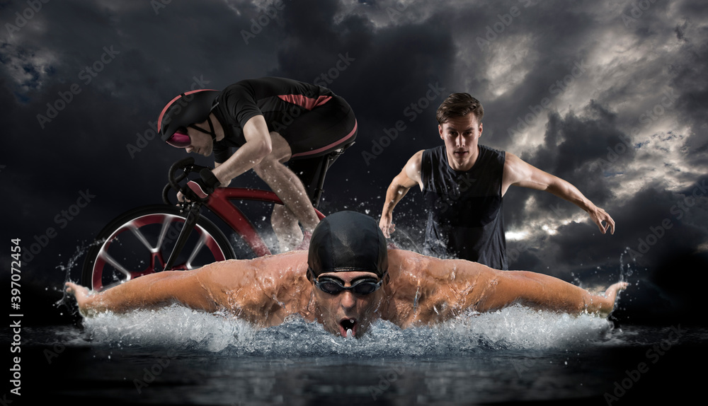 Triathlon sport collage. Man running, swimming, biking for competition ...