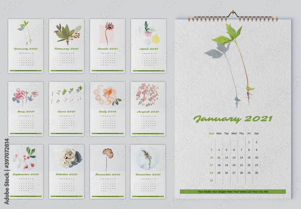 Botanical Wall Calendar 2021 Layout Stock Template | Adobe Stock