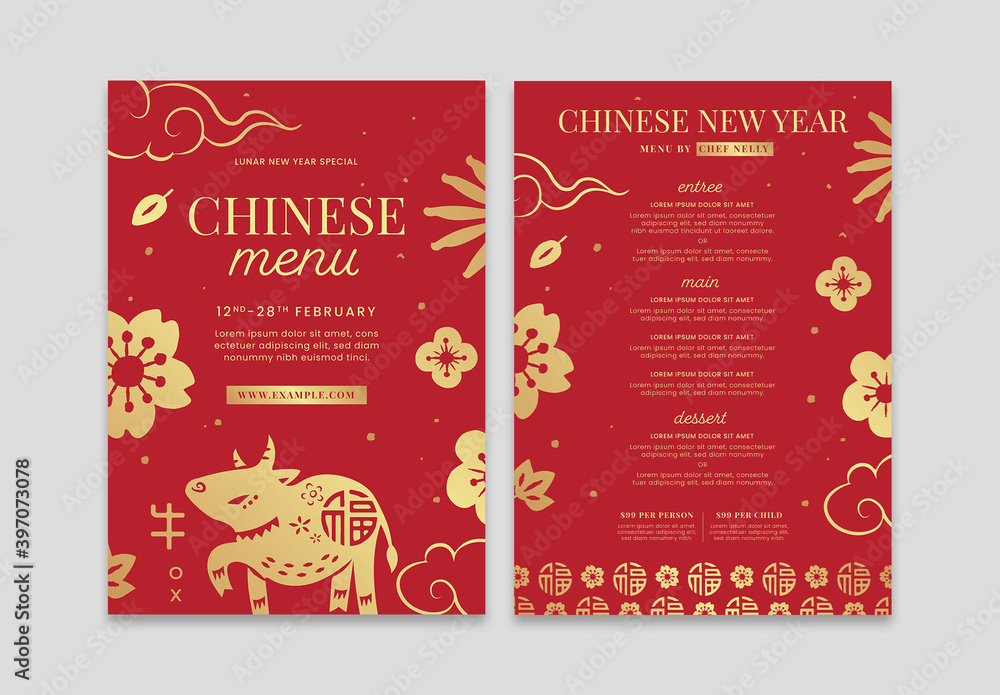 Chinese Lunar New Year with Golden Ox Menu Flyer Layout Stock Template ...
