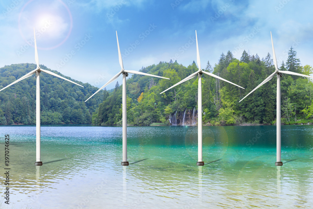 Floating wind turbines installed in water near mountains. Alternative ...