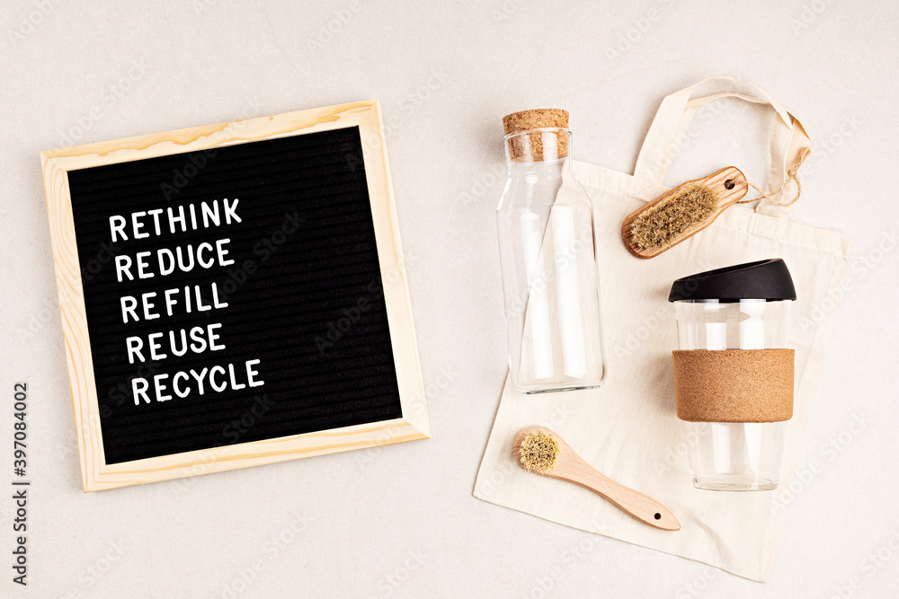 Stockfoto Rethink, reduce, refill, reuse, recycle. Black letter box ...