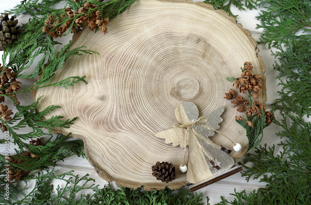 Christmas wallpaper with an angel on a cut of a tree trunk and free ...