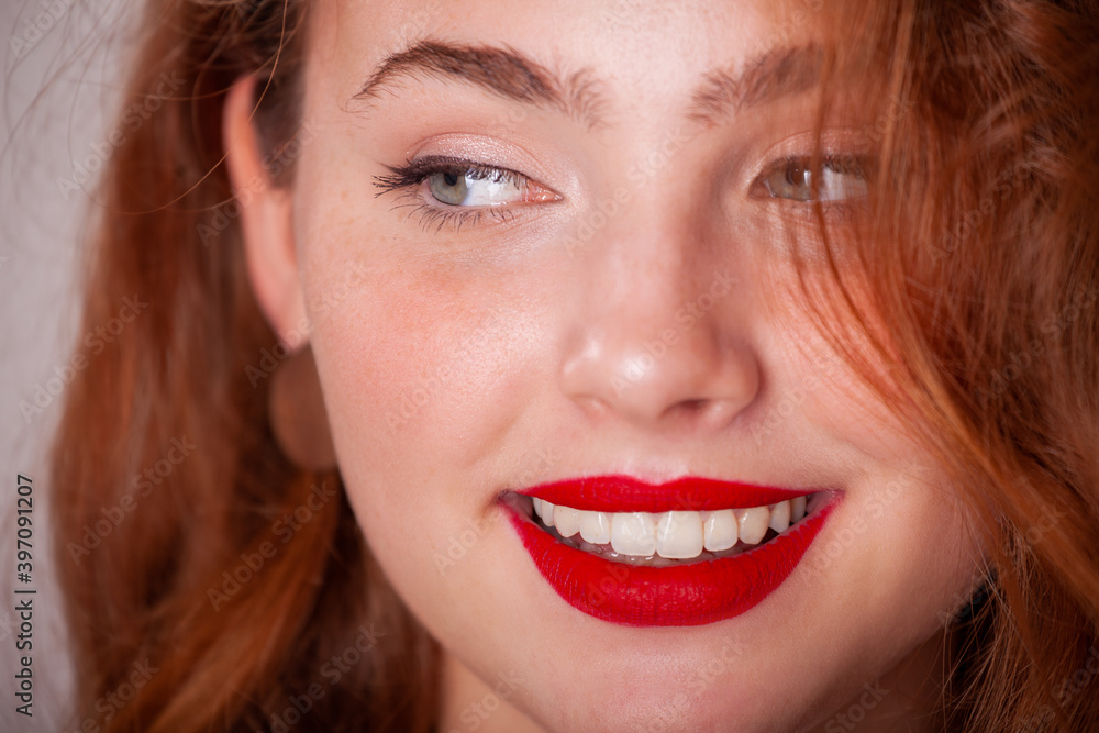 smile happy with red lips, cute young girl smiling with teeth, snow ...