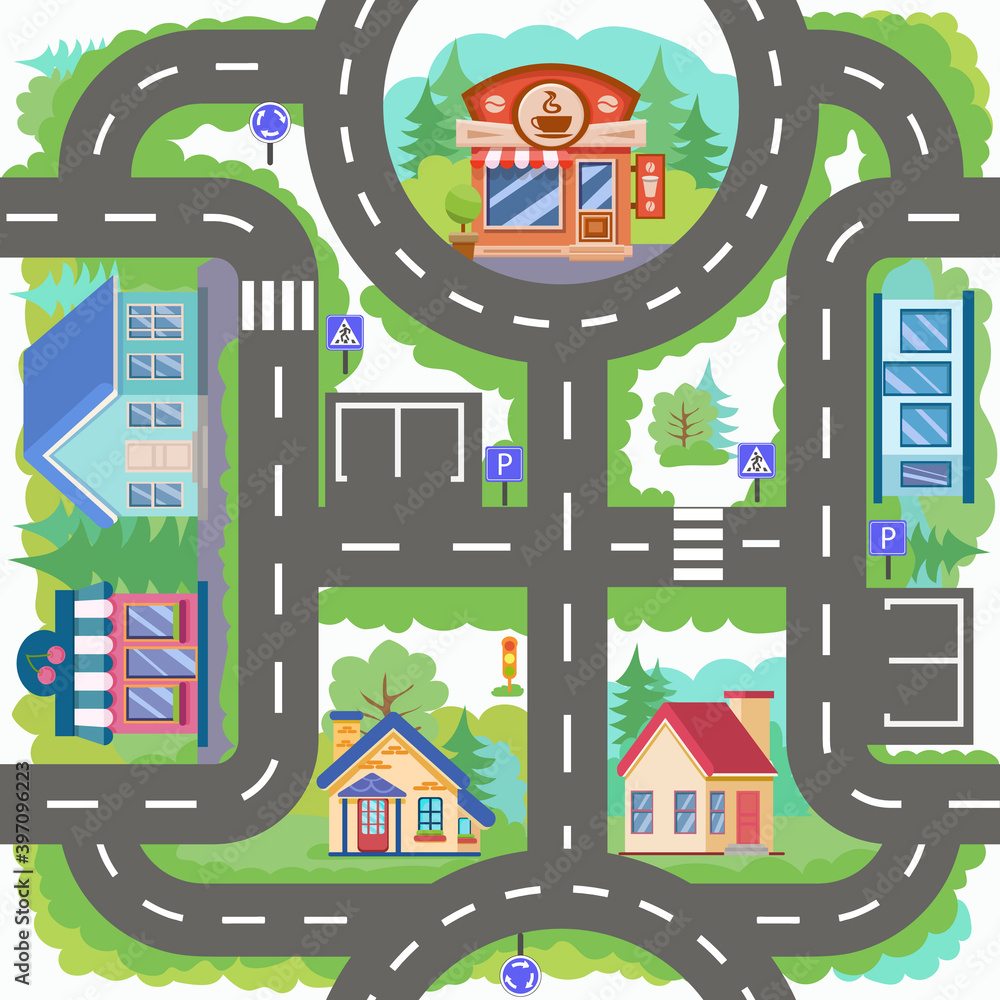 Seamless pattern city road and cartoon house. Kids maze. Gaming map ...