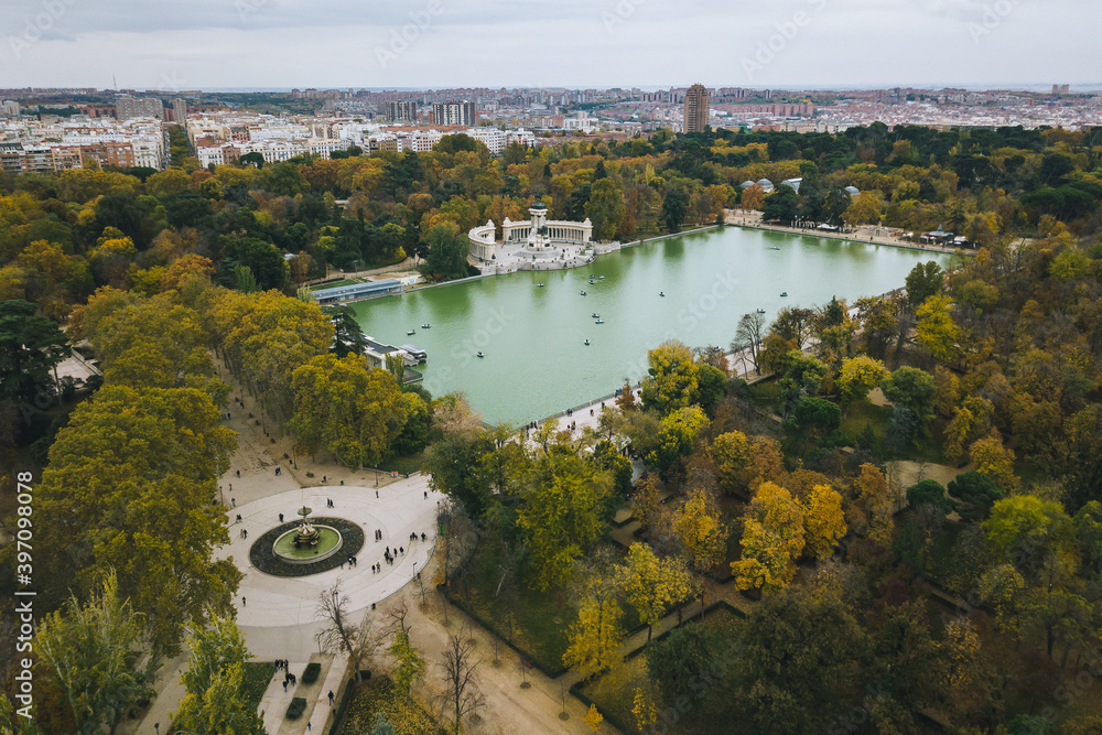 Parque de El Retiro Spain Madrid capital look from above view aerial ...
