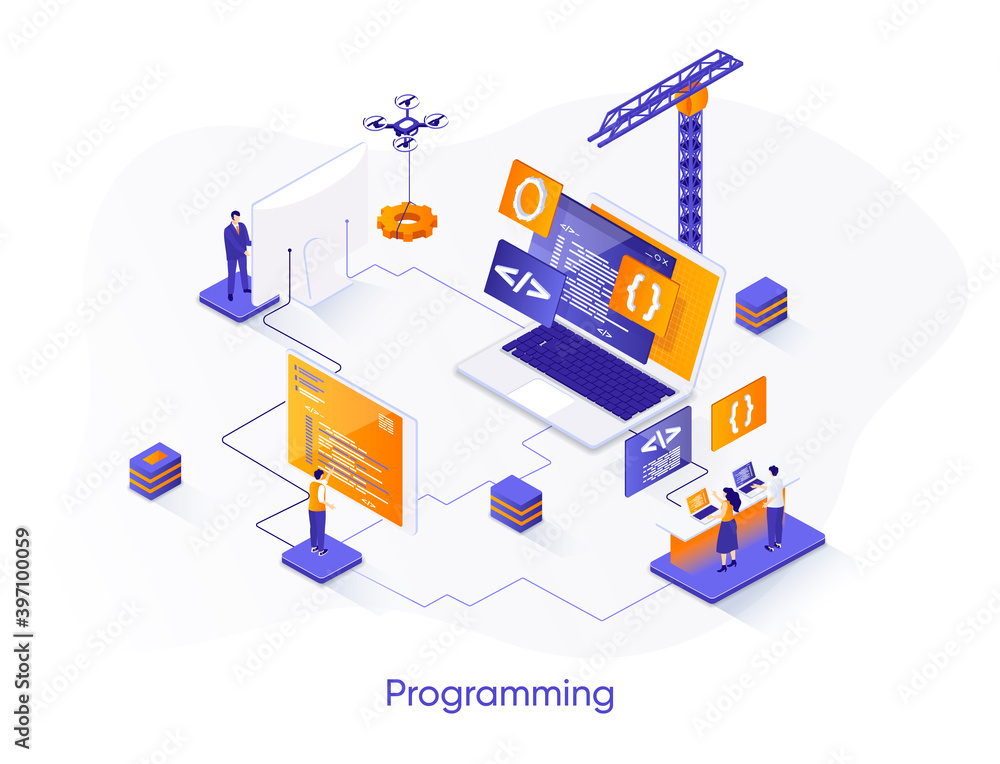 Programming Isometric Web Banner Full Stack Software Development Isometry Concept Engineering