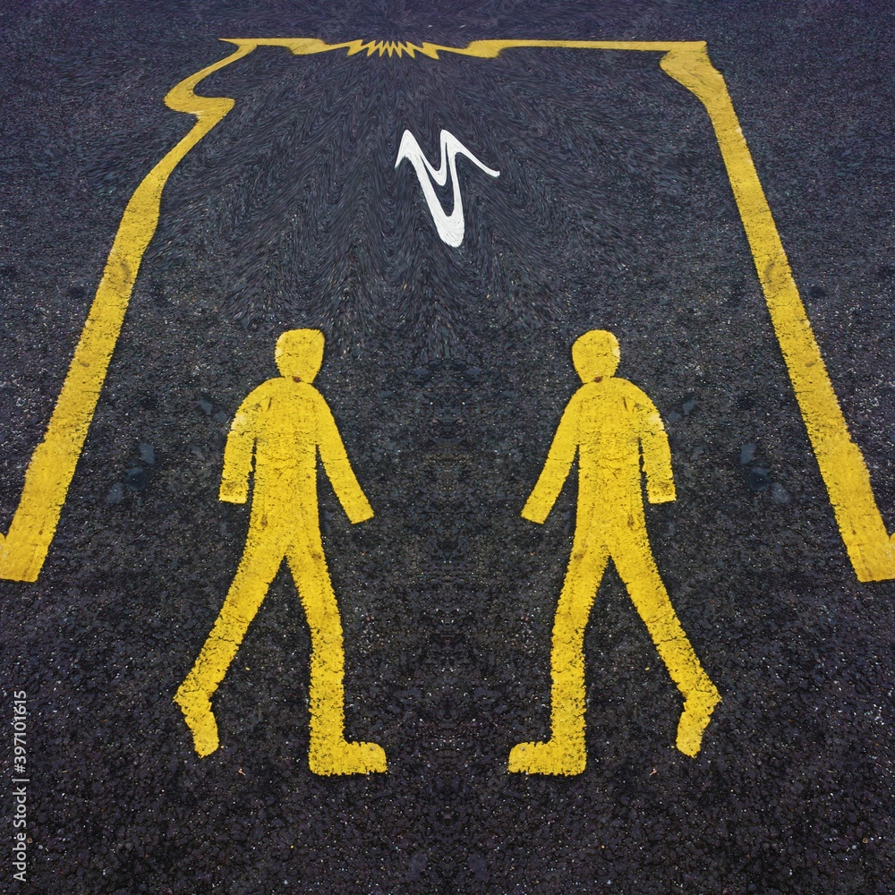 surreal abstract icon of pedestrian male crossing the road in YELLOW ...