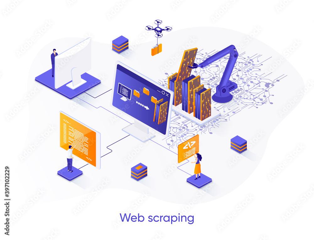 Web scraping isometric web banner. Data extraction software isometry ...