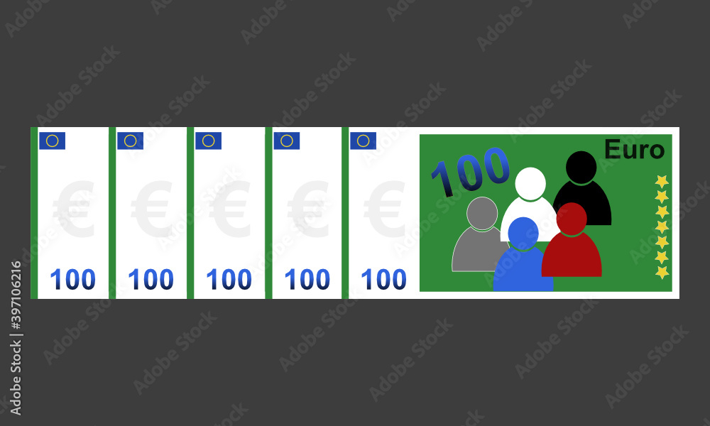 Fünf Banknoten 100 Euro Geldscheine in Reihe Spielgeld vor grauem ...