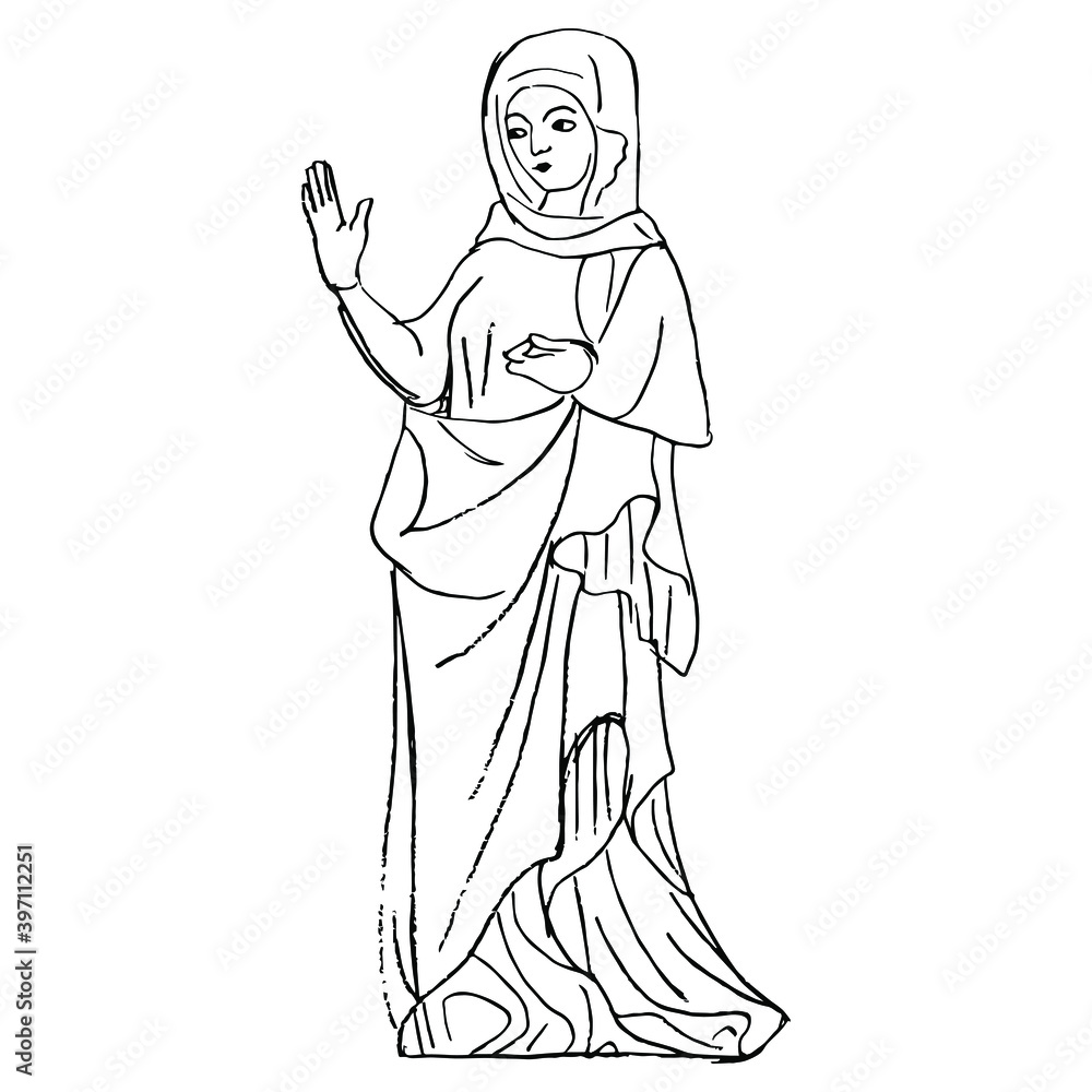 Standing medieval saint woman. Virgin Mary. Gothic lady. Hand drawn ...